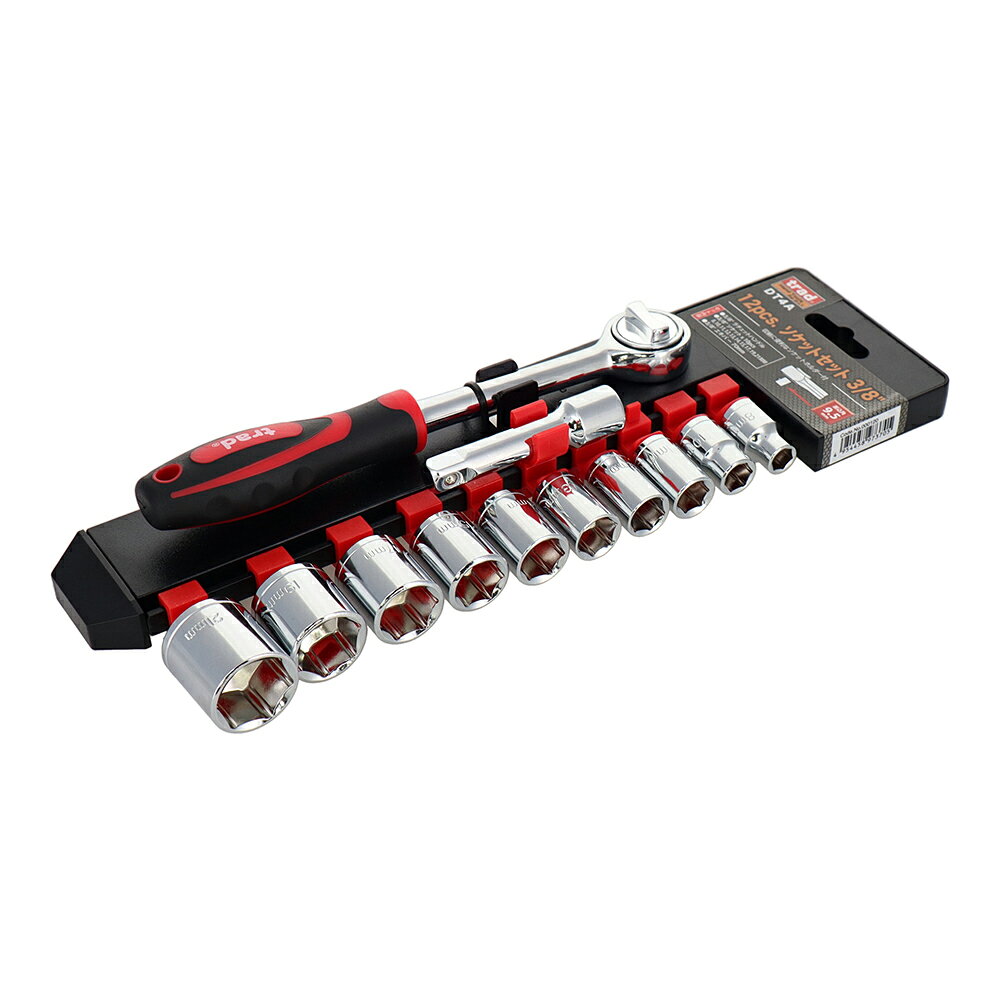 収納に便利なソケットホルダー付 商品情報 品番：DT4A セット内容 3/8"ラチェットハンドル 3/8"ソケット×10pcs 　(8・10・11・12・13・14・15・17・19・21mm) 3/8"エキバー：70mm 仕様 本体サイズ...