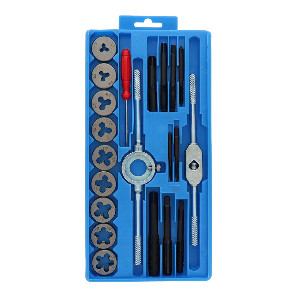 ねじ切り加工の必需品！ 商品情報 品番：TTD-21 セット内容 18pcs.タップ＆ダイス:M3×0.5／M4×0.7／M5×0.8／M6×1.0／M7×1.0／M8×1.25／M10×1.5／M12×1.75／1/8NPT27 タップレ...