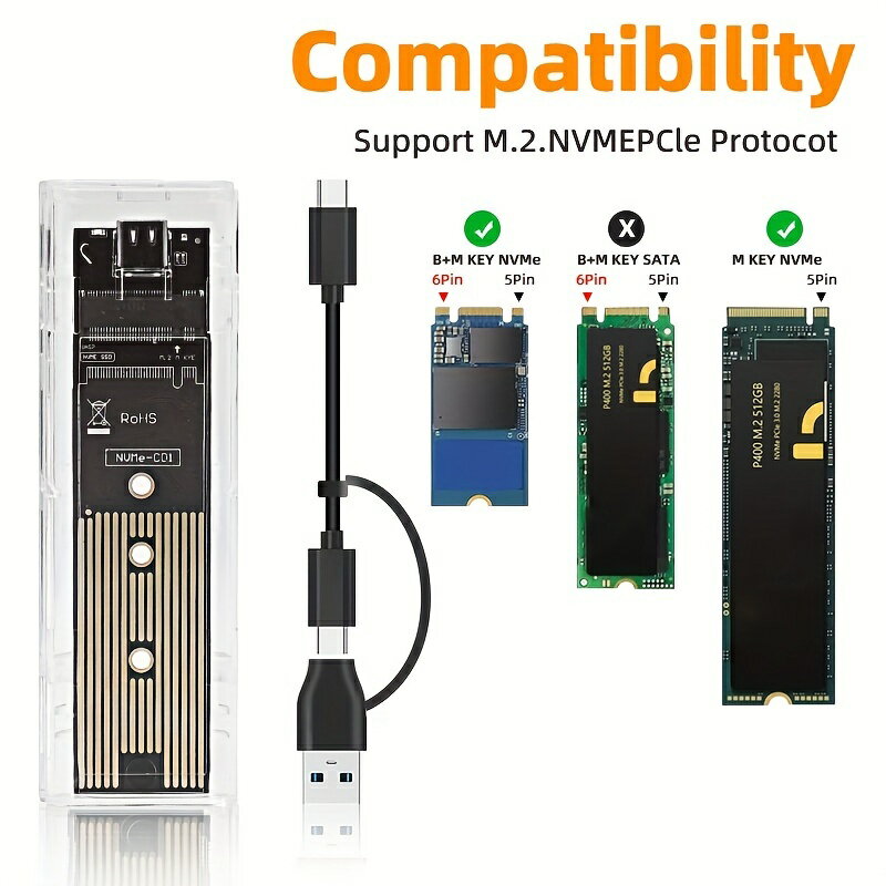 M.2 NVMe シングルプロトコル SSD エンクロージャー クリア USB Type-C 10Gbps PCI-E M2 透明フレーム ハードドライブケース シングルプロトコル SSD エンクロージャー クリア USB Type-C 1...