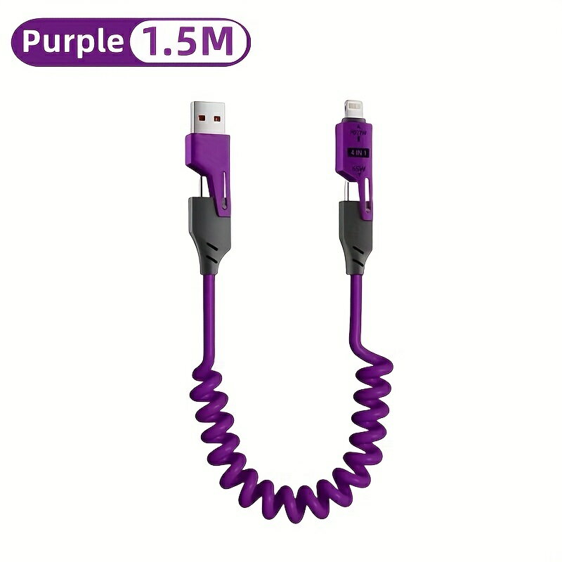 5W 多機能フォーインワン USB-C リトラクタブルケーブル、PD超高速充電＆データ同期、シリコン素材、インジケーターライト付きマルチポート充電、iPhone、iPad、、Xiaomi、Huawei、OPPOなどのスマートフォン充電に最適...