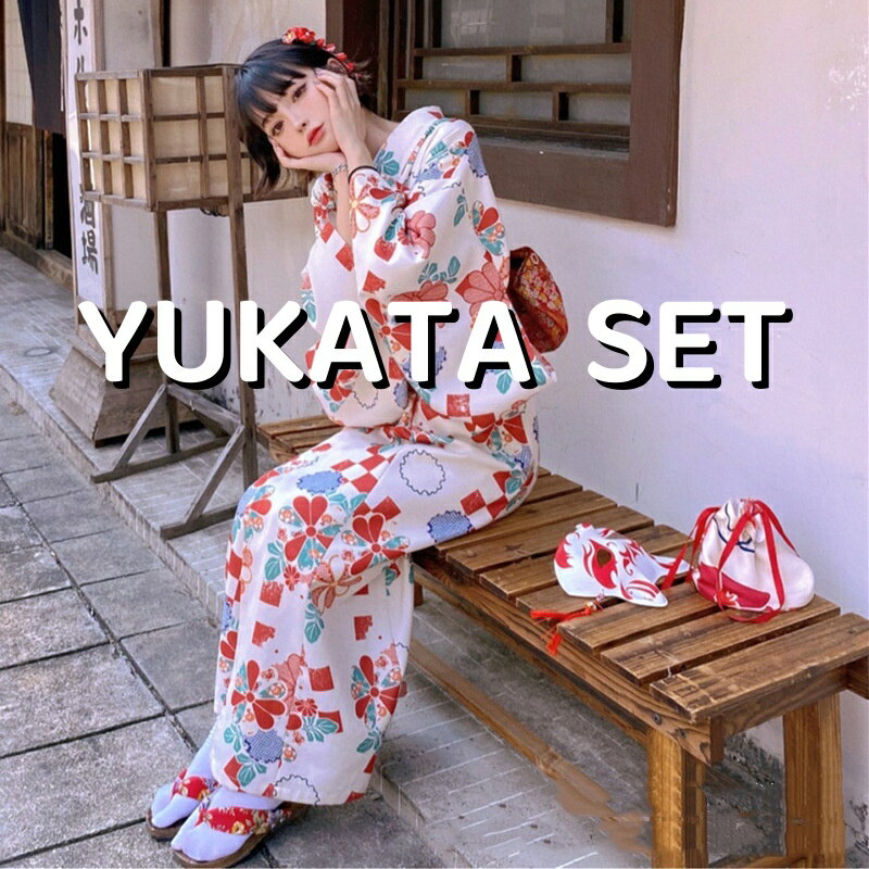 【製品情報】 ●商品名：浴衣 ●内容：ゆかた＋簡易帯＋ヘア飾り＋扇子 ●素材：ポリエステル ●サイズ： 浴衣：フリーサイズ 対応身長…155～168cm 対応バスト…75～95cm 簡易帯：フリーサイズ 【製品特徴】 ■夏の大定番★新作浴衣...