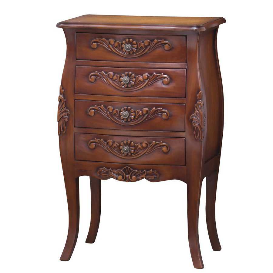 天板はレザー調の特殊な仕上げになっておりますので、高級感があります。 手彫り仕上げ、引出内部の底はフェルト貼りなど、細部にまで工夫を凝らしております。 玄関やリビング、寝室でもお使いください。 仕様：完成品 サイズ：W55×D35×H86c...