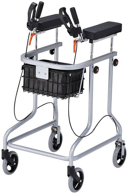 日常生活に便利なブレーキ、カゴ付き歩行車 本体サイズ(mm):幅565×奥行665×高さ830〜1070 重量:14kg 材質:スチール製 キャスター:150Φ　前輪自在　後輪固定 高さ調節:ノブネジ式　30mmピッチ 9段階