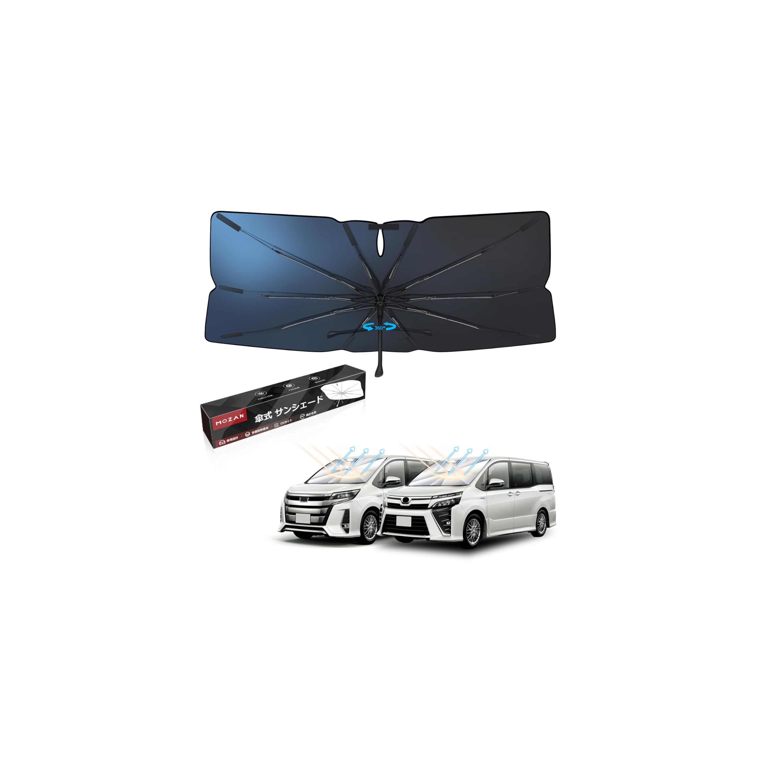 ・適合車種:トヨタ ヴォクシー ノア 80系 (ZRR8#G/ZRR8#W/ZWR80G/ZWR80W型) ・適合年式:2014年1月-2021年 ・骨の数:10本 ・骨の素材:ガラス繊維 ・機能:傘型、360°回転可能、傘柄曲げ可能、UV...