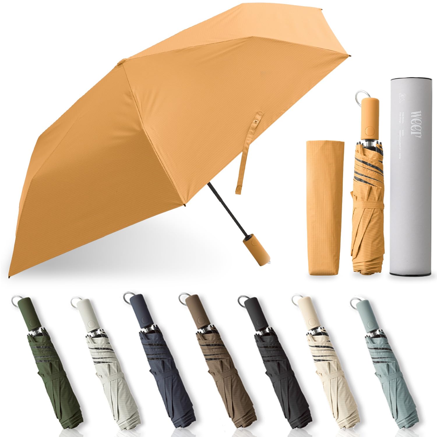 ・重量:約195g ・親骨サイズ:55cm ・UVカット率:100% ・遮光率:99.9% ・UPF値:50+ ・生地素材:リップストップ生地 ・機能:自動開閉、ワンタッチ開閉、超撥水加工、晴雨兼用、逆戻り防止機能、カラビナ搭載