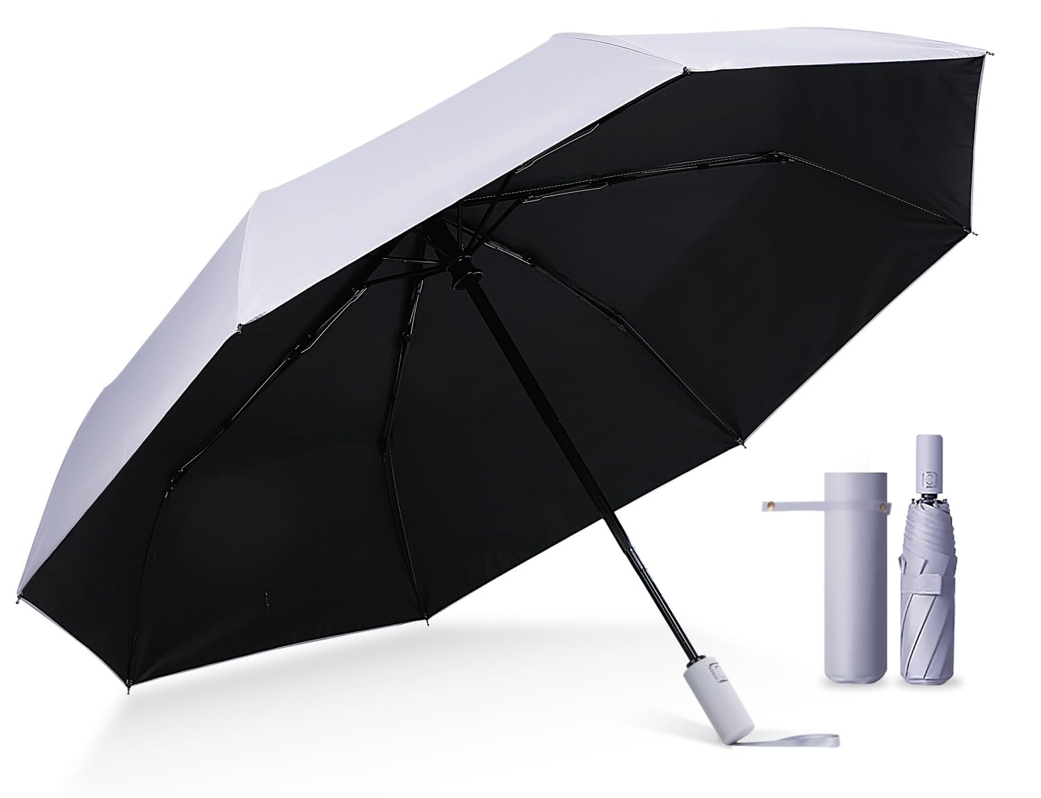 ・UVカット率:100% ・遮光率:100% ・重量:280g ・機能:晴雨兼用、遮熱、ワンタッチ自動開閉、スマートセーフティロック機能 ・仕様:折りたたみ式、段階収納