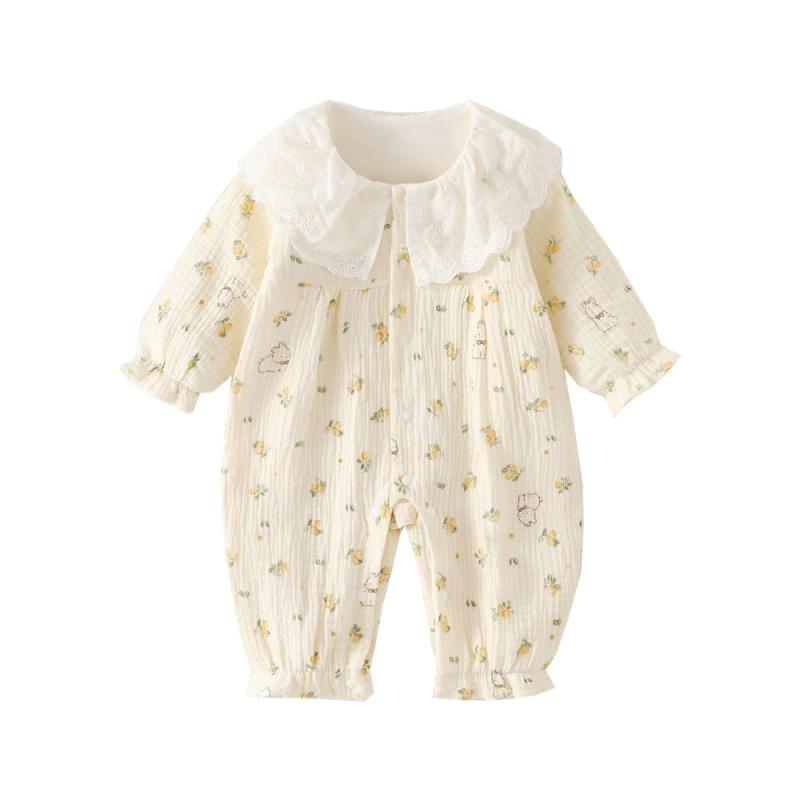 ベビー服 長袖ロンパース女の子春秋新生児カバーオール子ども服起毛襟付きかわいいおしゃれ贈り物 出産祝い花柄総柄ベージュソフトな肌触りの綿の素材、柔軟性に優れます、春秋の季節適用。程よい厚みで、外出服として、部屋着としても大活躍。起毛カバーオ...
