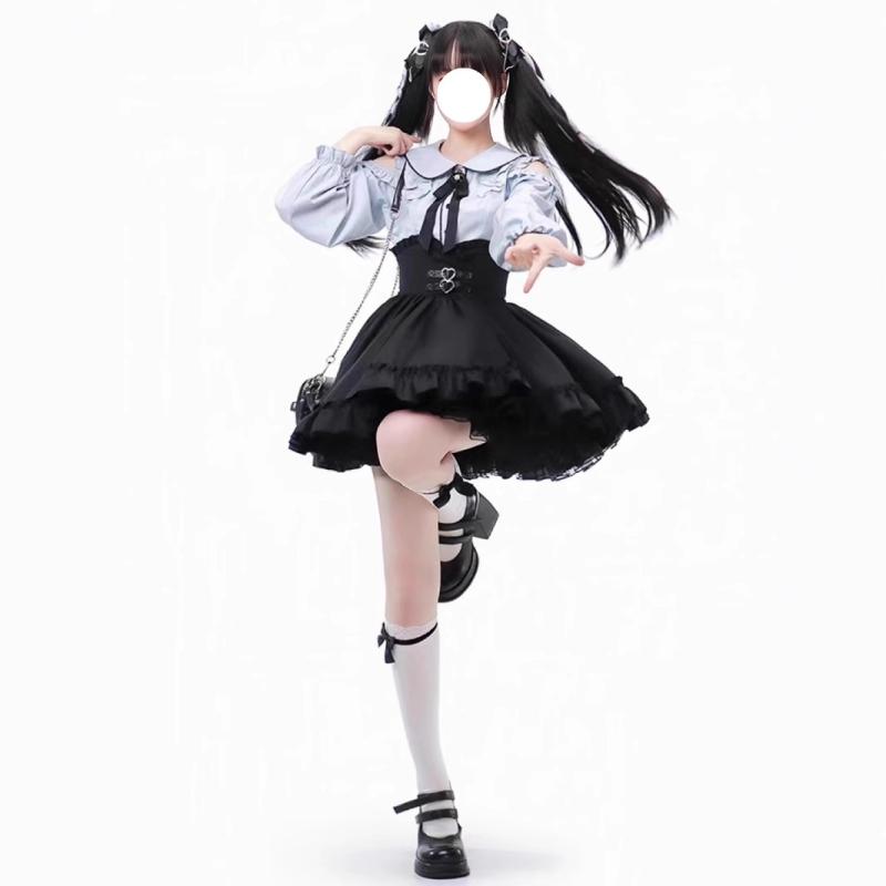 ・スタイル: 私服・主な素材: 雪ニール 氨綸30%以下・カラー展開: ブルーシャツ（リボンタイ付き）.シングル半身スカート.ブルーシャツ+半身スカート（セット）・サイズ展開: S,M,L,XL・袖型: プリンセス袖・袖丈: 長袖・カテゴリ...