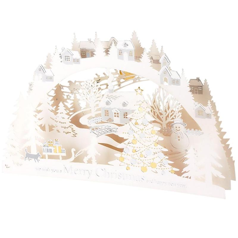 moin moin クリスマス カード ポップアップカード + メッセージカード + 封筒 4種 セット/ホワイト 白 繊細 切り絵 美麗 幻想的 グラデーション 夜空 キラキラ 赤 緑 (トナカイ と 街/遊園地/ピアサイズ 本体：高さ1...