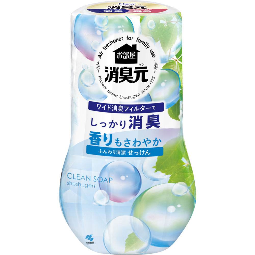 商品説明 「お部屋の消臭元 せっけん 400ml」は、でっかいろ紙がイヤなニオイを強力に消臭する消臭剤です。ろ紙を引き上げるタイプなので、消臭・芳香効果を調節できます。大容量400ml。 使用方法 1.ミシン目にそってはがす。 2.外キャッ...