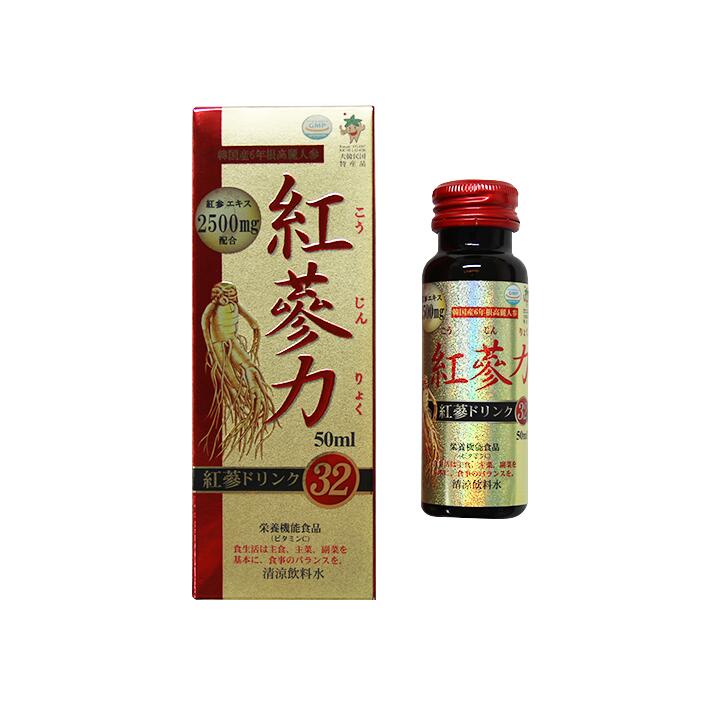 「紅参力 紅参ドリンク32」は、6年根の高麗人参を使用した、韓国生まれの飲料です。自然な甘さと香りが楽しめるドリンクで、50mLの手軽なサイズで持ち運びにも便利です。本商品は、必要なときに1本（50mL）をお召し上がりください。お好みのタイ...