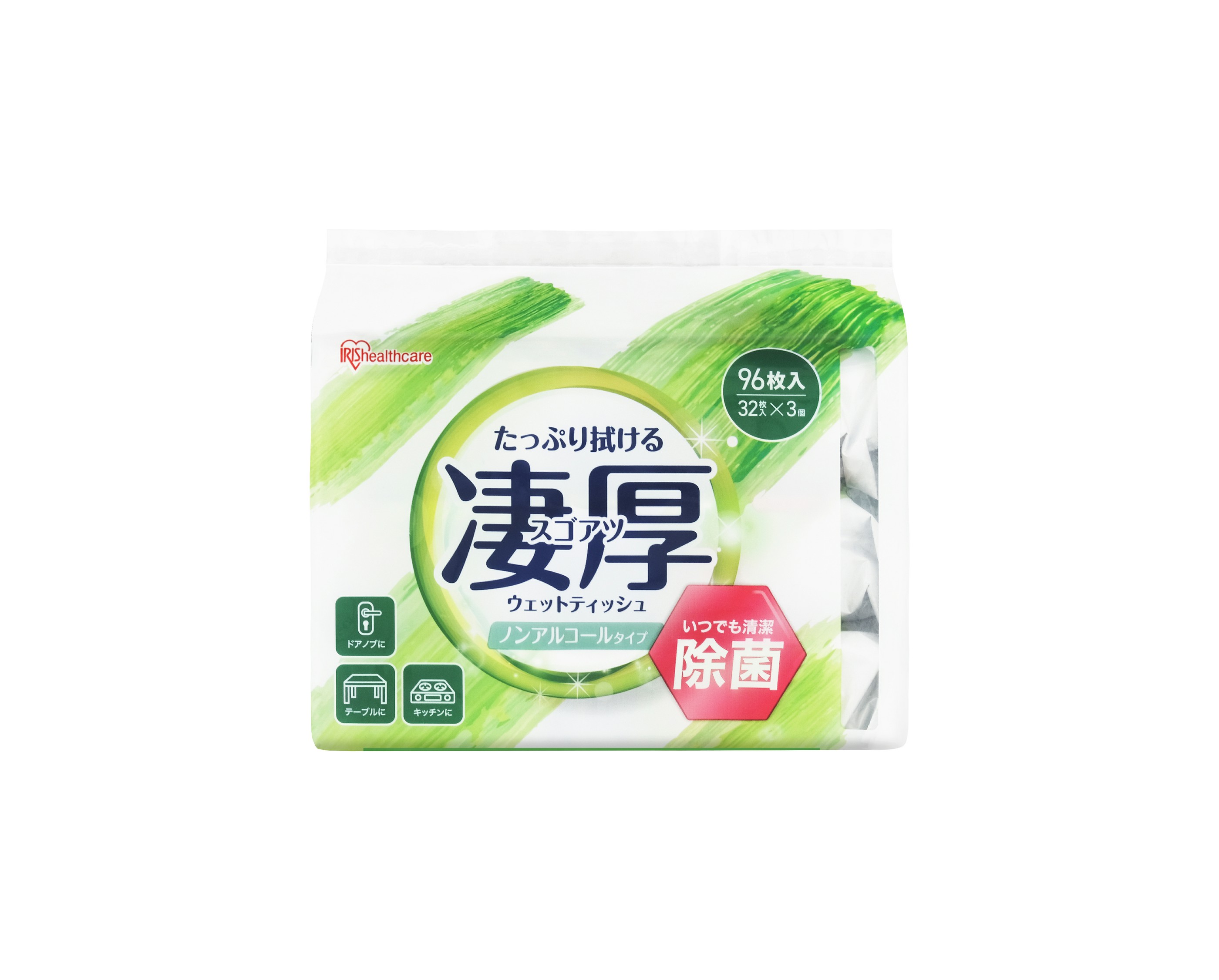 アイリスオーヤマの『除菌ウェットティッシュ 凄厚 ノンアルコール3個パック』は、32枚入りのウェットティッシュが3パックセットになった商品です。このウェットティッシュはノンアルコールです。柔らかな繊維を素材に使用しており、肌に配慮した設計と...