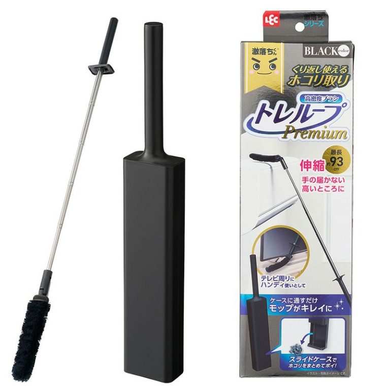 レック「激落ちくん トレループプレミアム ハンディ伸縮 ブラック」は、ケース付きの伸縮タイプのホコリ取りです。モップ部分にはナイロン・ポリエステルのブラシが使用されており、ケースに通すことで、モップに付いたホコリをケース内のクリーニングスポ...
