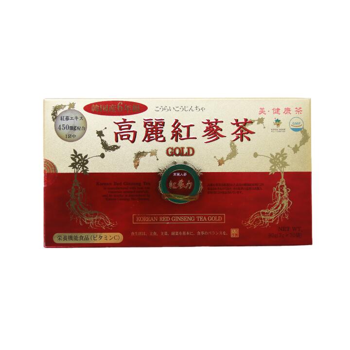 高麗紅参茶ゴールドは、高麗貿易ジャパンが提供する高麗人参を使用したお茶です。30包セットで提供され、一包あたり3グラムの内容量があります。栄養機能食品として1日1-2袋を目安に、1包をお好みのカップに加え、80-120mlのお湯または水に溶...