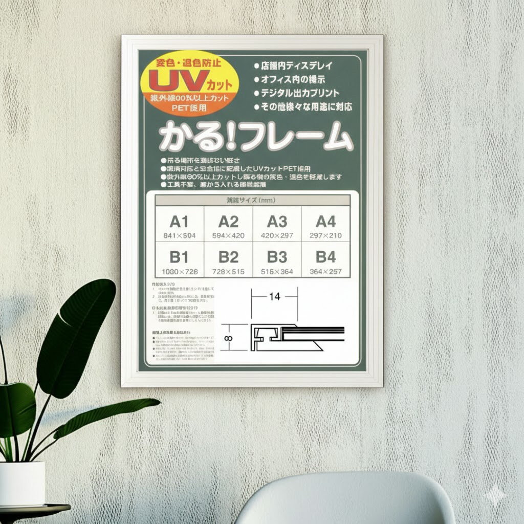 仕様 ホワイト UVカットPET使用 サイズA1(841mmX594mm) 縁幅：14mm.縁厚：8mm メーカー　大額株式会社　