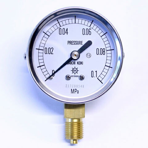 空圧、油圧、その他の一般圧力測定用として製作された兼価版の圧力計。目盛板の大きさは60φ、接続ネジはG1/4B（PF）、測定範囲は0〜0.1MPaです。量産システムによりコスト削減を計っているため非常にリーズナブル。JIS規格に基づいて製造...