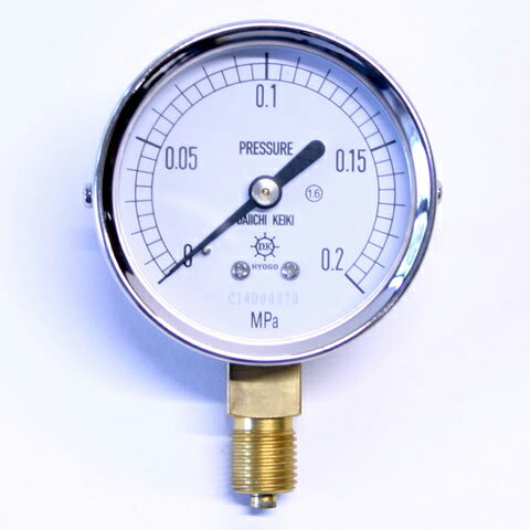 空圧、油圧、その他の一般圧力測定用として製作された兼価版の圧力計。目盛板の大きさは60φ、接続ネジはG1/4B（PF）、測定範囲は0〜0.2MPaです。量産システムによりコスト削減を計っているため非常にリーズナブル。JIS規格に基づいて製造...