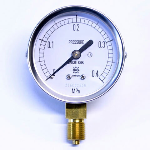 空圧、油圧、その他の一般圧力測定用として製作された兼価版の圧力計。目盛板の大きさは60φ、接続ネジはG1/4B（PF）、測定範囲は0〜0.4MPaです。量産システムによりコスト削減を計っているため非常にリーズナブル。JIS規格に基づいて製造...