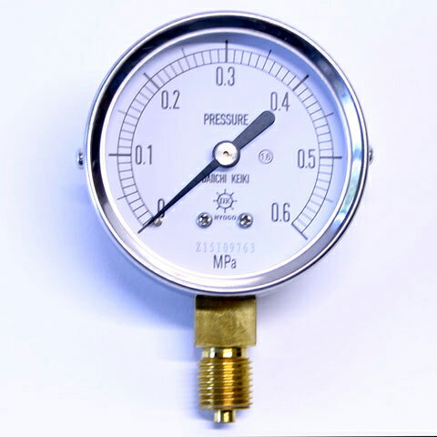 空圧、油圧、その他の一般圧力測定用として製作された兼価版の圧力計。目盛板の大きさは60φ、接続ネジはG1/4B（PF）、測定範囲は0〜0.6MPaです。量産システムによりコスト削減を計っているため非常にリーズナブル。JIS規格に基づいて製造...