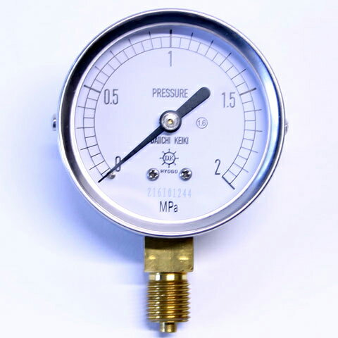 空圧、油圧、その他の一般圧力測定用として製作された兼価版の圧力計。目盛板の大きさは60φ、接続ネジはG1/4B（PF）、測定範囲は0〜2MPaです。量産システムによりコスト削減を計っているため非常にリーズナブル。JIS規格に基づいて製造され...