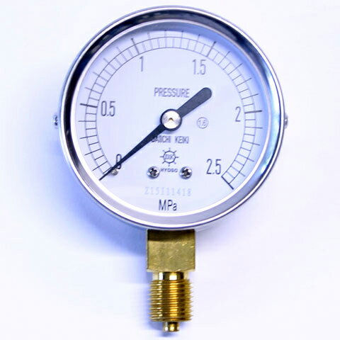空圧、油圧、その他の一般圧力測定用として製作された兼価版の圧力計。目盛板の大きさは60φ、接続ネジはG1/4B（PF）、測定範囲は0〜2.5MPaです。量産システムによりコスト削減を計っているため非常にリーズナブル。JIS規格に基づいて製造...