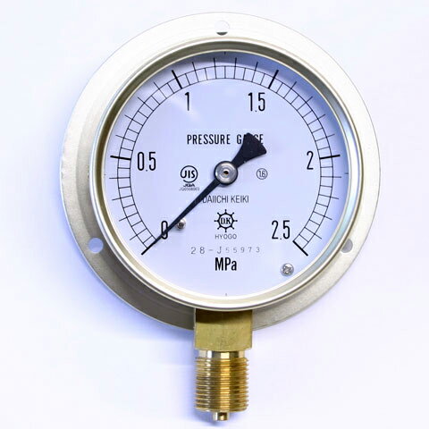 空圧、油圧、その他の一般圧力測定用として製作された兼価版の圧力計。目盛板の大きさは75φ、接続ネジはG3/8B（PF）、縦型つば付き、測定範囲は0〜2.5MPaです。量産システムによりコスト削減を計っているため非常にリーズナブル。JIS規格...
