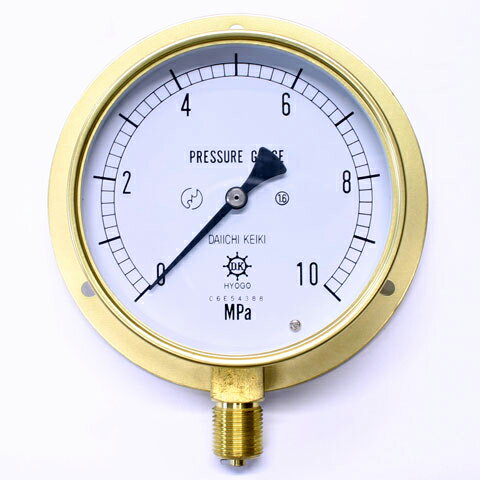 空圧、油圧、その他の一般圧力測定用として製作された兼価版の圧力計。目盛板の大きさは100φ、接続ネジはG3/8B（PF）、縦型つば付き、測定範囲は0〜10MPaです。量産システムによりコスト削減を計っているため非常にリーズナブル。JIS規格...