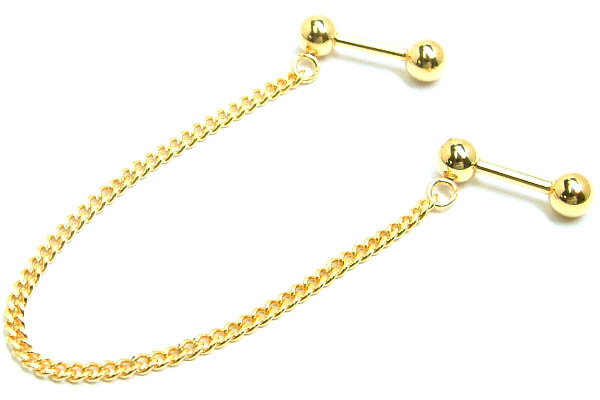 ゴールドのストレートバーベル同士ををゴールドのサージカルチェーンで繋げた高級感のあるチェーンボディピアス。ボディーピアスとチェーンをつなげたハードテイスト満点のボディジュエリーは存在感もたっぷり。耳たぶとヘリックス部分をつなげたり、口ピアス...