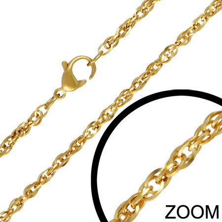 楕円型のリングを2つ重ね合わせたステンレスチェーン。トップありでもなしでも綺麗にきまるネックレスチェーン。サージカルステンレス製のネックレスチェーンは、軽量で錆びにくく、腐食に強いので、デイリーに使っても安心。しかも半永久的に輝き、シルバー...