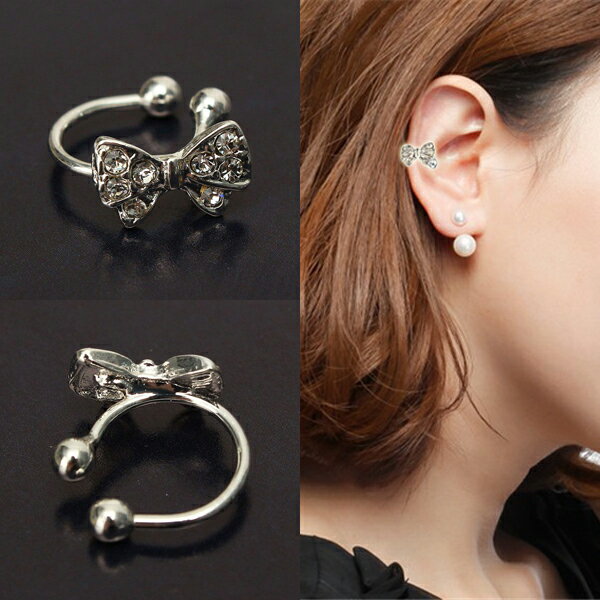 可愛い銀色のリボンをデザインしたイヤーカフ。リボンに散りばめたビジューがキラキラ輝く。耳の側面の軟骨部分に装着するようにイヤカフの向きを考えて製作されたアイテム。さりげなく可愛いイヤーカフはプレゼントにもオススメ！ スペック画像をご参照下さ...