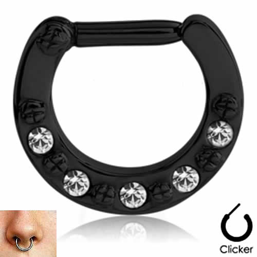 黒色のセプタムクリッカーにビジューとネジのデザインをセットした軟骨ピアス。セプタムクリッカーはワンタッチで開閉でき装着が簡単なので、鼻の真ん中の軟骨部分のピアスとして人気です。もちろんセプタム以外にヘリックスや耳たぶなどに使ってもいい。ワン...