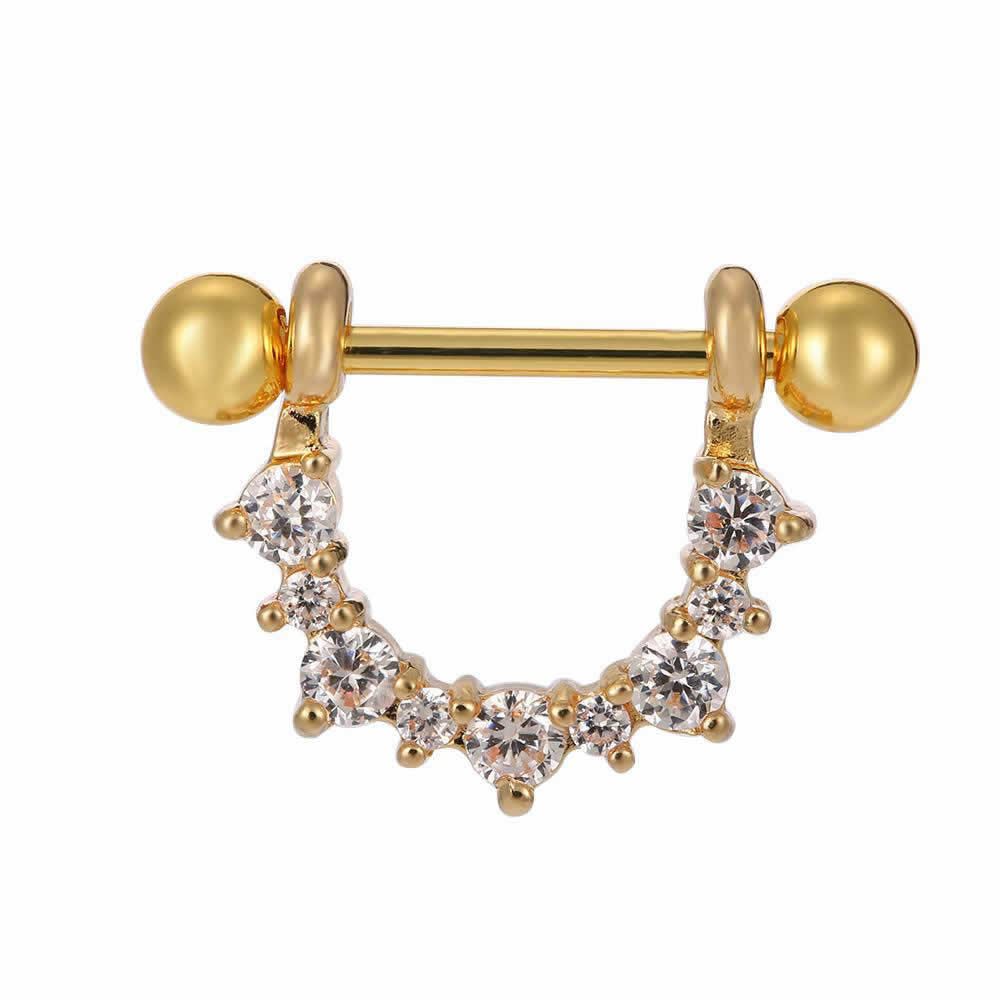 高級感のあるクリスタルとゴールドの乳首用ボディピアス。大人セクシーなゴールドボディピアスは、プレゼントにもおすすめ。乳首のボディピアスとしてだけでなく、耳に付けてもOK! スペックストレートバーベル：14ゲージ（1.6mm）内径：16mmボ...