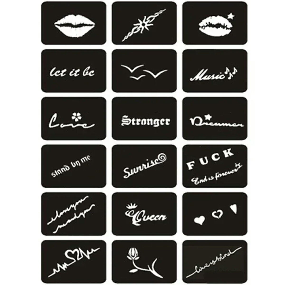 18枚の小さいサイズの唇や鳥、英語のメッセージやハート、お花などを様々なデザインをモチーフにした 顔や手や足、背中やお腹、胸やおへそ、足首や太腿などいろいろな場所にフェイクタトゥーを簡単に描けるヘナタトゥー用のステンシルシートステッカーです...