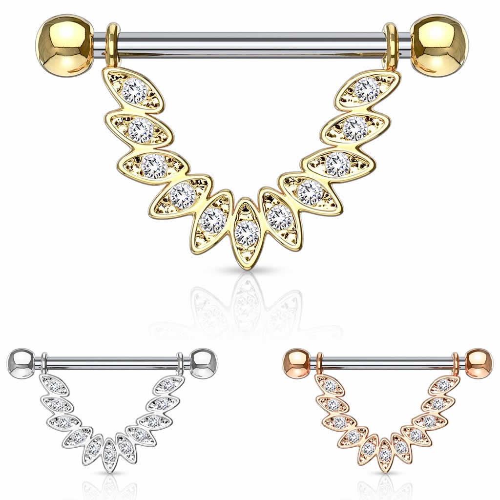 ピンクゴールドとイエローゴールドとシルバーの羽根をデザインしたシールドにクリスタルのキュービックジルコニアを散りばめたキラキラのパベタイプのストレートバーベル型ボディピアス。インディアンジュエリーが大好きな人へもおすすめのボヘミアンスタイル...