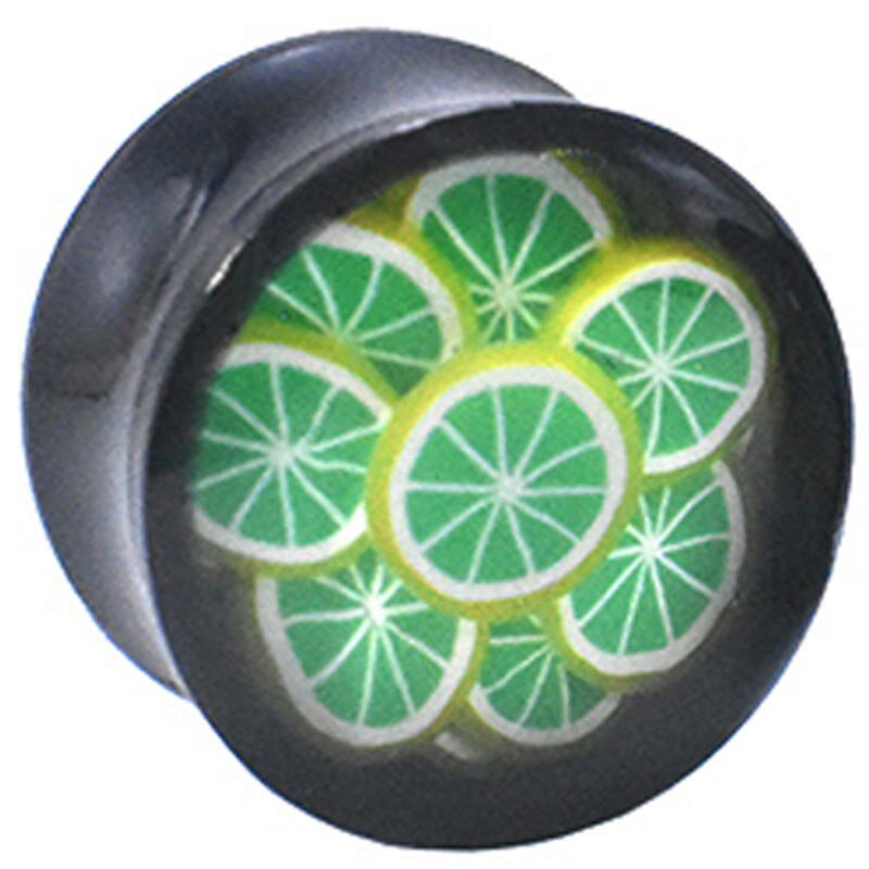 黒色のダブルフレア型のプラスチック製のプラグにレモンやライムの果物をモチーフにしたパーツを中に入れた大人可愛いボディピアス。小さい果物が幾つも入っているので、どの角度から見ても存在感をアピールできるボディーピアスです。男性からも女性からも人...