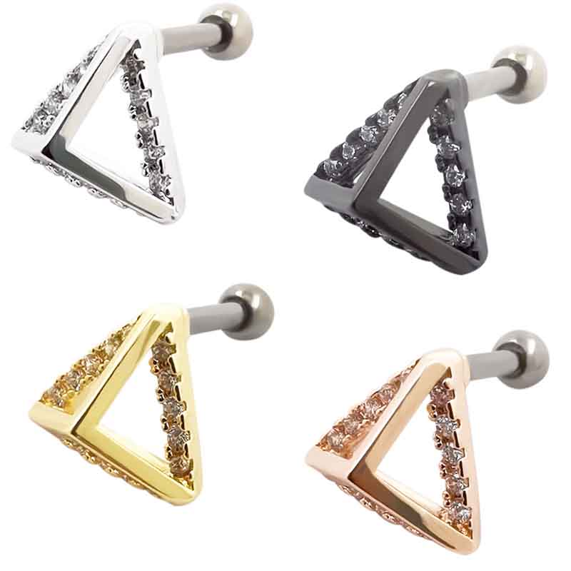 サージカルステンレス316L製の16ゲージのストレートバーベルのシャフトに黒色ブラック、銀色シルバー、金色ゴールド、ピンクゴールドの立体的な三角形のピラミットのような台座にクリスタルのキュービックジルコニアをセットしたキラキラのボディーピア...