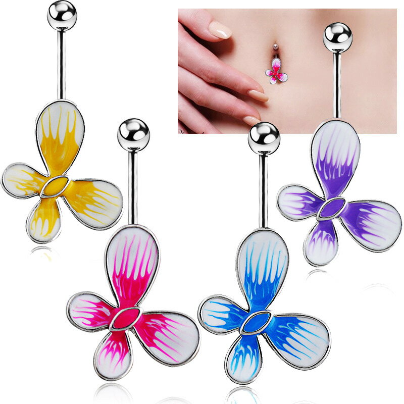紫色パープル、青色ブルー、黄色イエロー、ピンク色のエナメルコーティングした綺麗なチョウチョウをモチーフにした14ゲージのヘソピアス型ボディピアス。白色ホワイトとのカラフルなコントラストが綺麗な蝶の揺れない大人スタイルの臍ピアス。シャフトがカ...