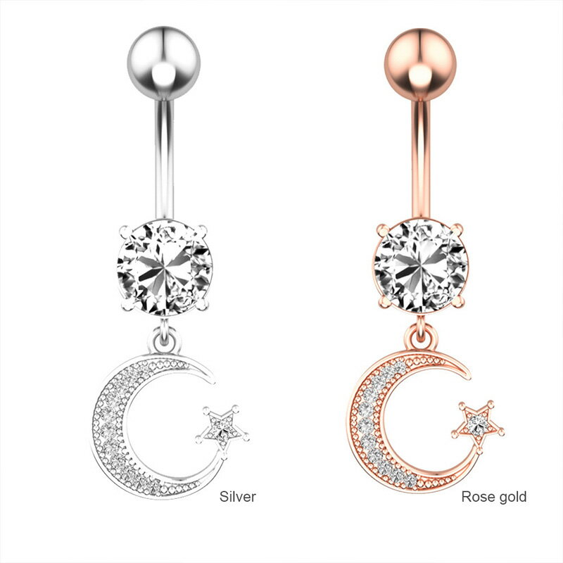 ピンクゴールドとシルバーカラーの星と月にクリスタルのキュービックジルコニアをセットした14ゲージのオシャレでキュートなヘソピアス型ボディピアス。キラキラのスタートムーンが揺れるチャームタイプの臍ピアス。シャフトがカーブしたバナナバーベル型の...