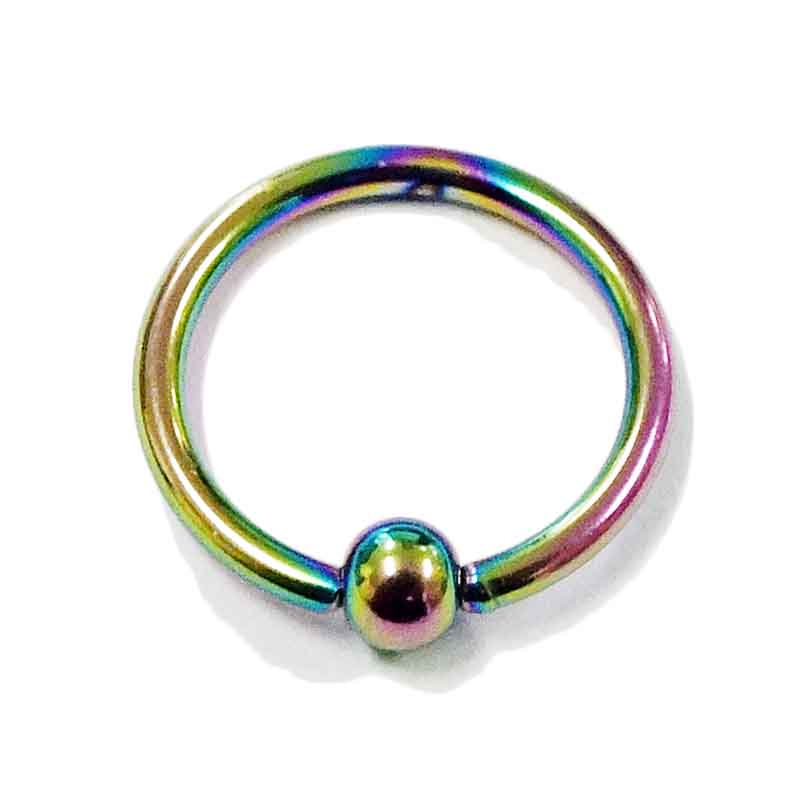 14ゲージのステンレス製のCBRキャプティブリングを虹色にメッキコーティングしたリング型ボディピアス。ボディーピアスの定番のビーズリングを鮮やかなマルチカラーに仕上げたお洒落なBCRリング。シンプルなCBRは耳イヤーロブや軟骨ヘリックス、ト...