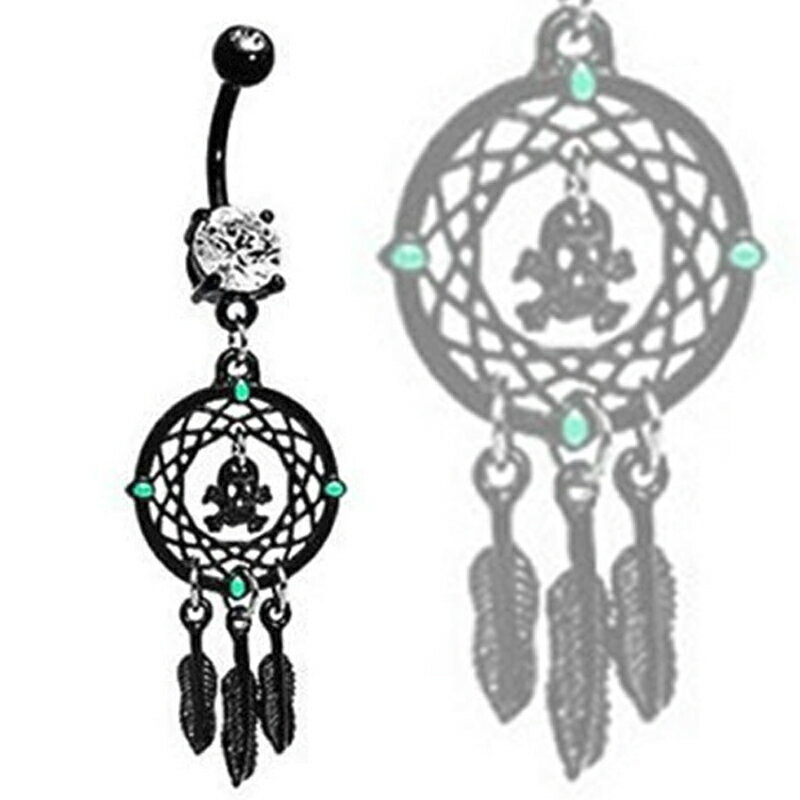 黒色のキュービックジルコニアをセットしたへそピアスにスカルを真ん中にデザインした鷲の羽3枚が揺れるドリームキャッチャーのチャームをセットしたバナナバーベル型ボディピアス。 本来ドリームキャッチャーは、子どもを悪夢から守るためのお守りとされる...