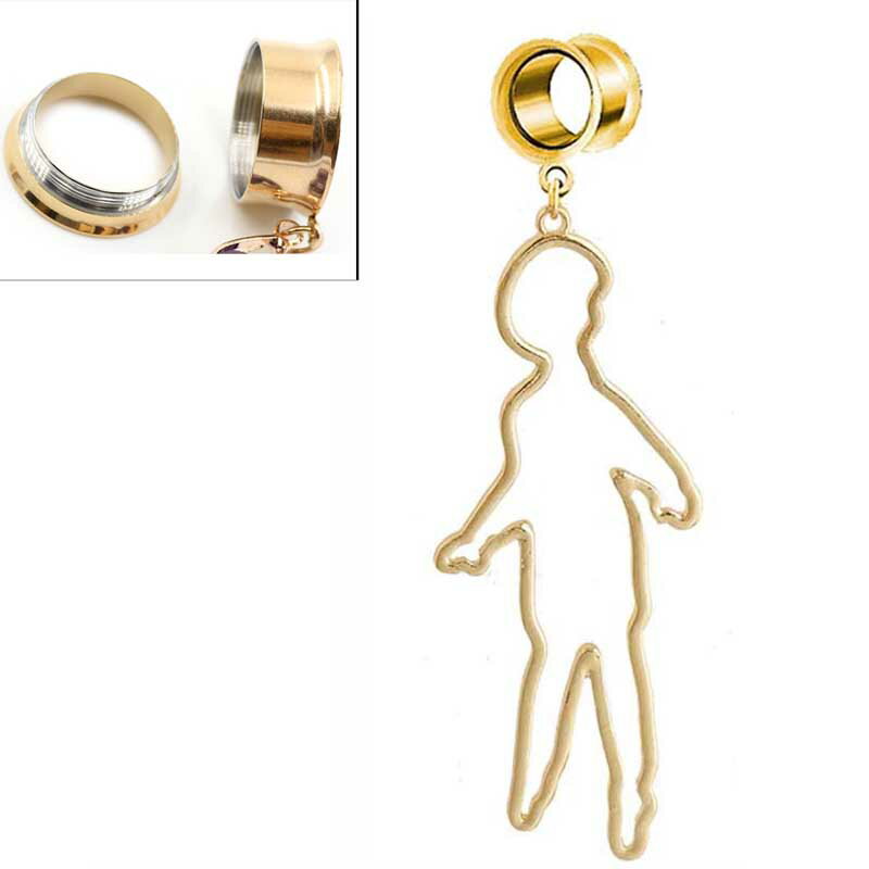 金色ゴールドのネジタイプのダブルフレアに人型のモチーフがチャームが揺れるキラキラのホール系ボディピアス。大きな人間のチャームが揺れるダブルフレヤ型のボディーピアスは、結婚式や入学式などおめでたい場所やお祝いの席でのボディーピアスとして使えま...