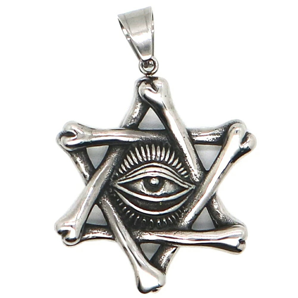 骨で六芒星をデザインした真ん中に不気味な目をデザインしたサージカルステンレス316L製のペンダントトップ。 魔法陣のようなマジェスティックスターのペンダントはハロウィンのコスプレ仮装パーティーにもおすすめのネックレス。 男性からも女性からも...