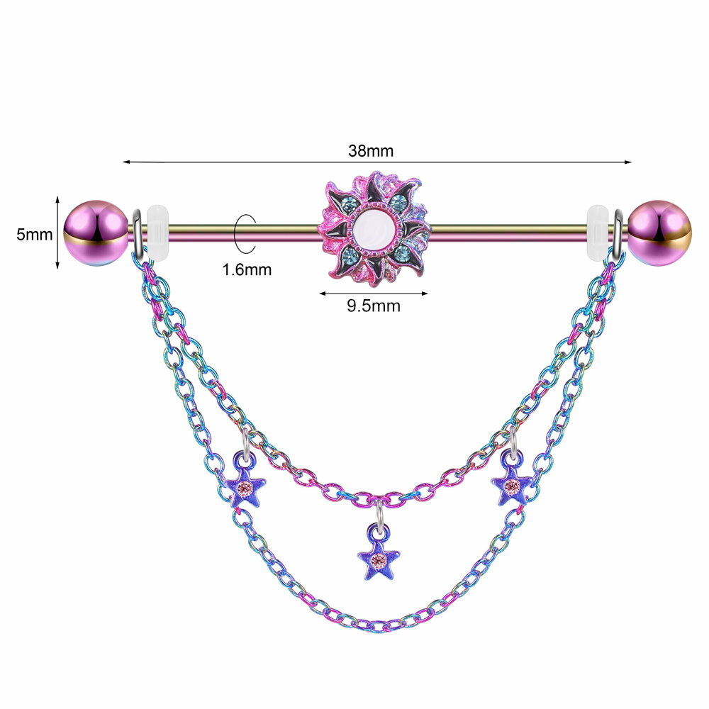14ゲージの長いストレートバーベルの真ん中に虹色のレインボーの太陽と3個の星のチャームが揺れる虹色の2本のチェーンをセットしたインダストリアル用ボディピアス。オーロラの夜空をイメージさせるスターと太陽を虹色の2連の鎖でつなげたお洒落なボディ...