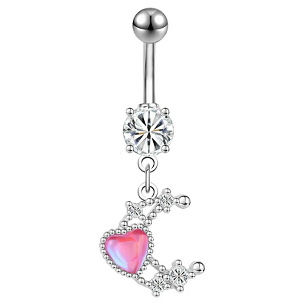 キラキラのキュービックジルコニアを立て爪で固定したヘソピアスにピンク色のハートのストーンをセットした三日月のチャームが揺れる臍ピアス型ボディピアス。 ピンク可愛いハートの三日月が揺れるヘソピアス。 キラキラのジュエルストーンが輝く男性からも...