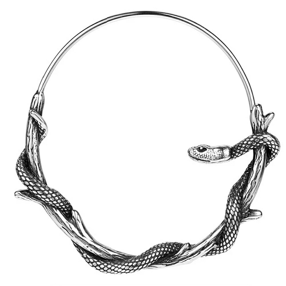 樹木のリースのような枝のデザインに蛇が絡みつく少し大きめのステンレス製リングピアス。 立体的なスネークが存在感をアピールしてくれるステンレスピアス。 デザイン部分はもちろん、ポスト部分など全部がステンレス製なので、つけっぱなしでも劣化しにく...