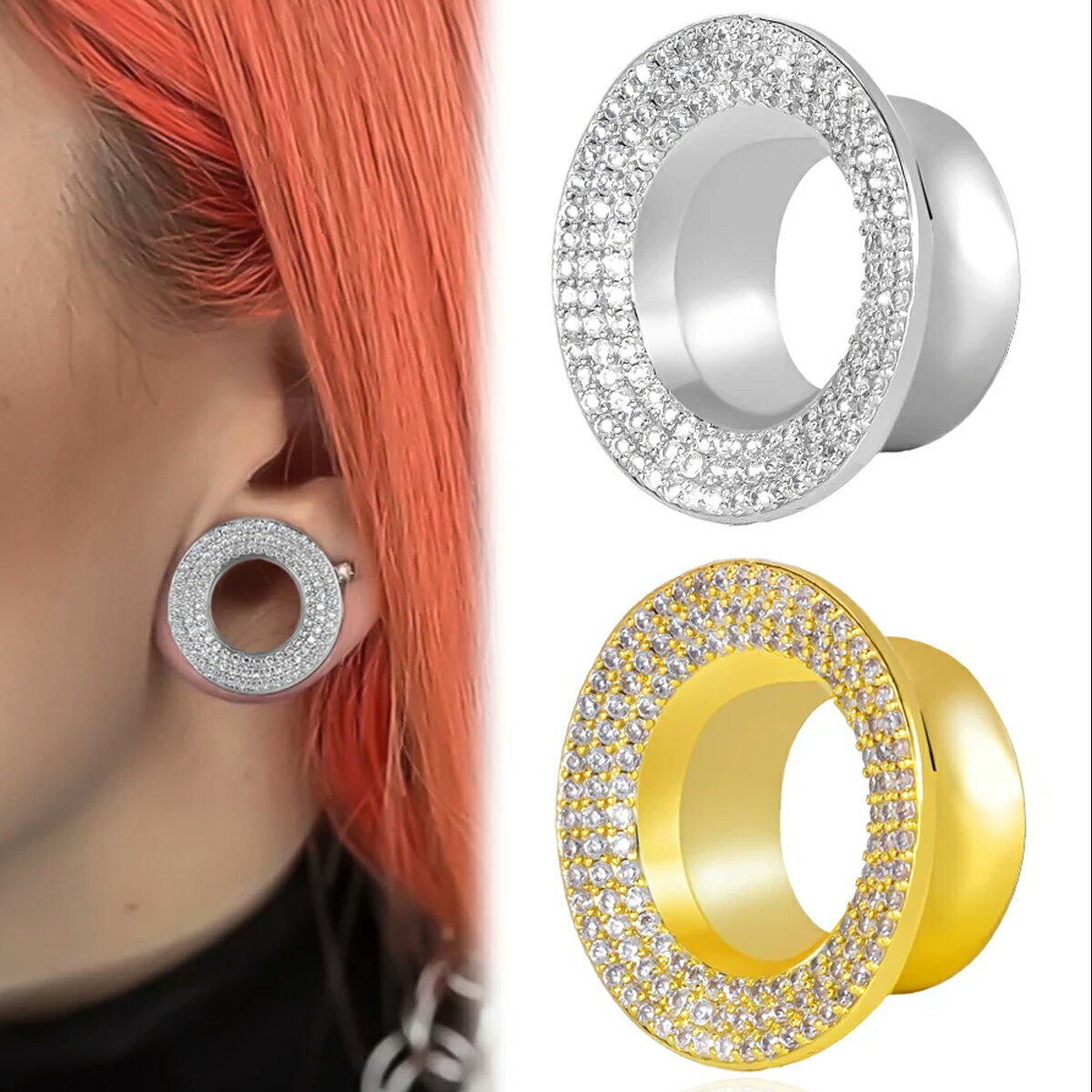 このステンレス製ボディピアスは、たくさんのキュービックジルコニアを散りばめたキラキラのボディピアス。パヴェデザインが施されたラッパフレアスタイルで、ジュエルの輝きが耳元を華やかに彩ります。0G、00G、12mmのサイズ展開があり、ステンレス...