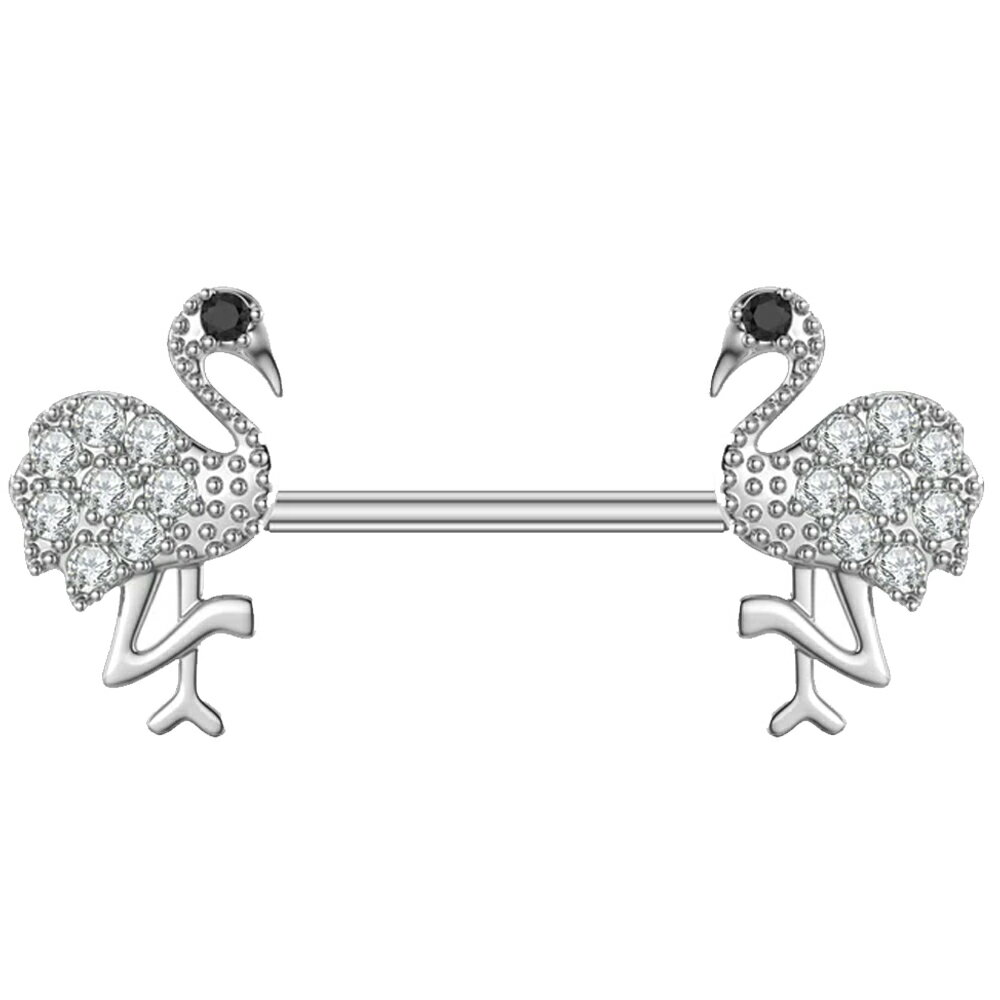 フラミンゴ ストレートバーベルは、目に黒色の石をセットした鳥のデザインが特徴で、ジュエルクリスタルがキラリと輝きます。シルバーの色合いがどんなスタイルにもマッチしてくれるトリのモチーフが好きな方におすすめのアイテムです！ シャフトはサージカ...