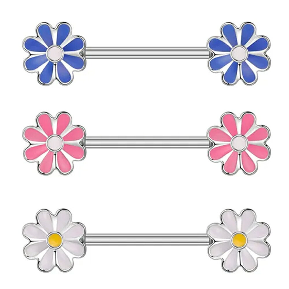 カラフルフラワー ストレートバーベルは、青色ブルー、白色ホワイト、ピンク色の花をストレートバーベルの両側にセットしたボディピアス。シルバーの色合いにカラフルなお花のカラーがとってもセクシーなボディピアス。 シャフトはサージカルステンレス31...