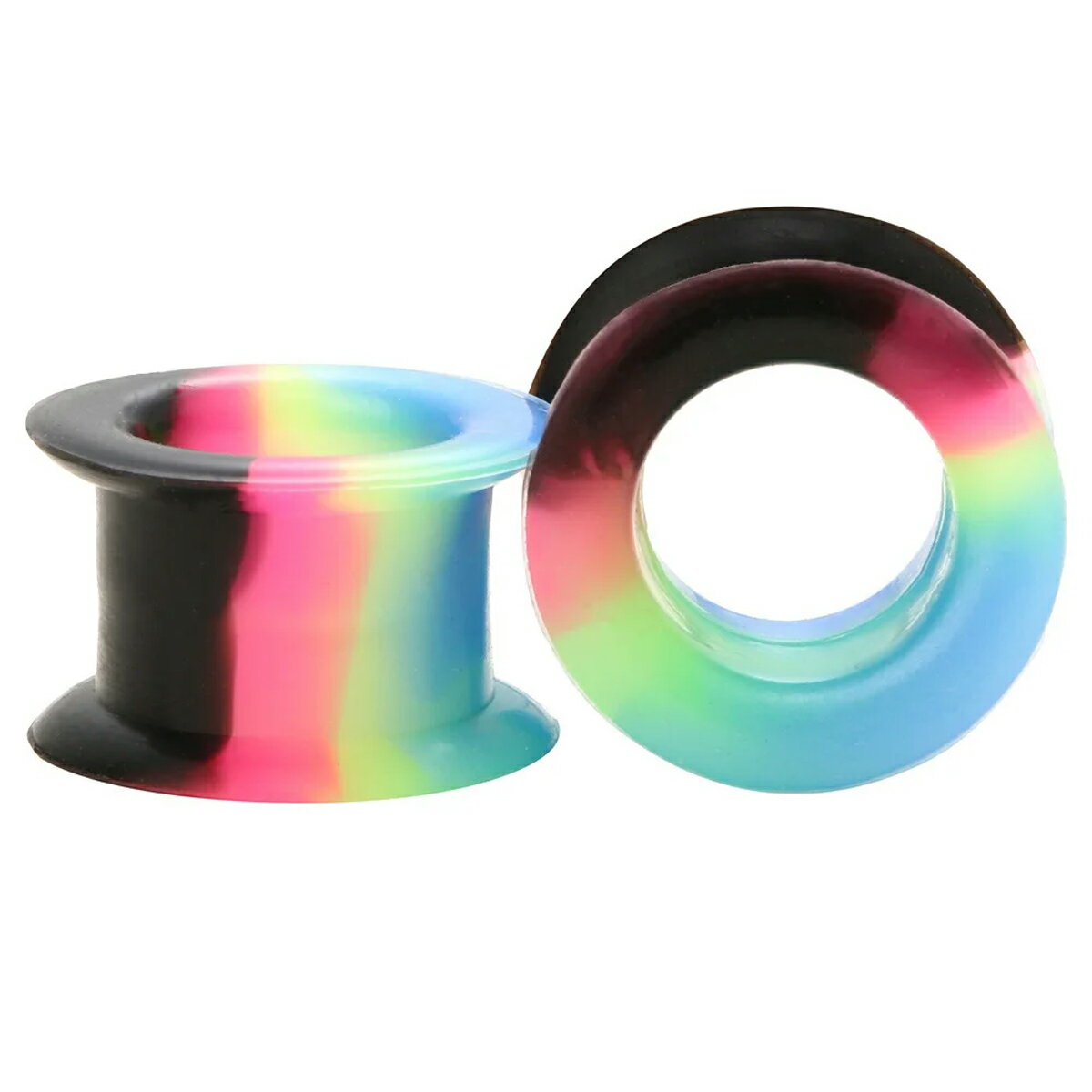 黒色ブラック、ピンク色、緑色グリーン、青色ブルーのマーブル模様のシリコン製のダブルフレア型ボディピアス。 シリコンラバーのゴム製のダブルフレヤ型のボディピアスは金属アレルギー対応なので男性からも女性からも人気のボディーピアスです。色鮮やかで...