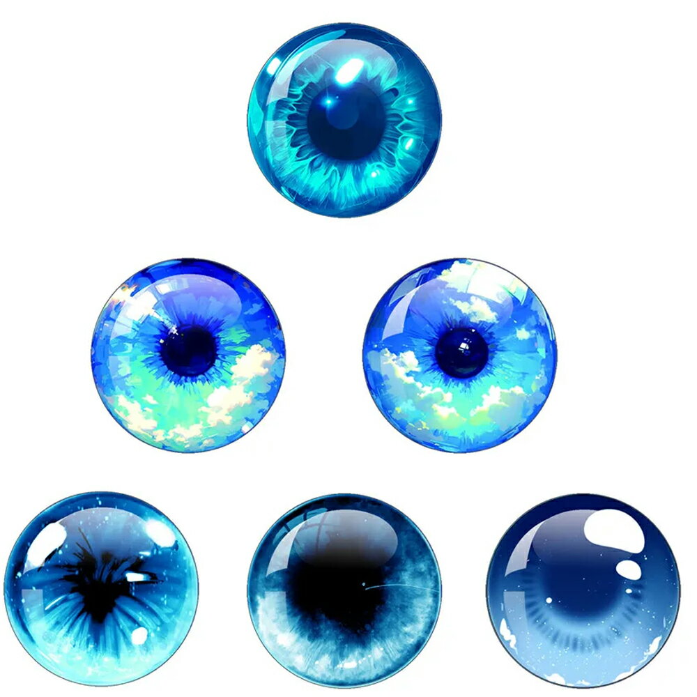 晴れた青空をモチーフにした本当のスカイ（空）ブルー（青）の目をデザインした可愛いメルヘンチックなクラフトやDIYに最適の目玉のガラス製カボーションパーツ。 色鮮やかな晴天のデザインが可愛い目のパーツ。 人形やぬいぐるみや人間の目、動物アニマ...